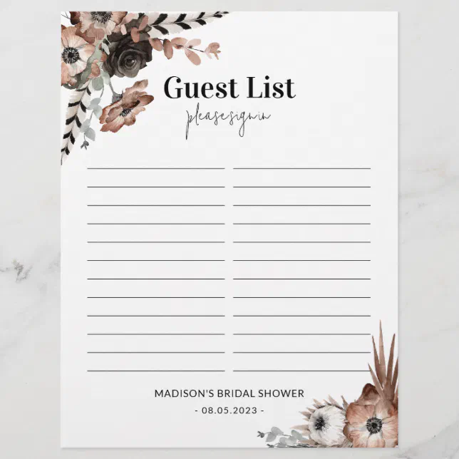 Bridal Shower Guest List Sign In Sheet Dark Floral | Zazzle