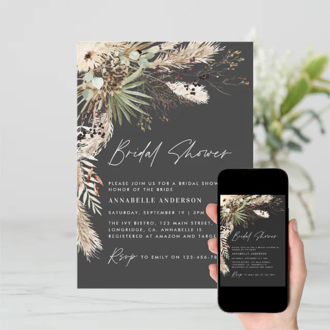 Bridal shower pampas grass modern boho elegant inv invitation | Zazzle