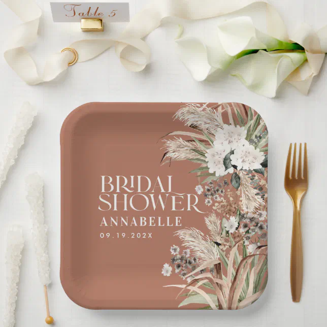Bridal shower pampas modern elegant terracotta paper plates | Zazzle