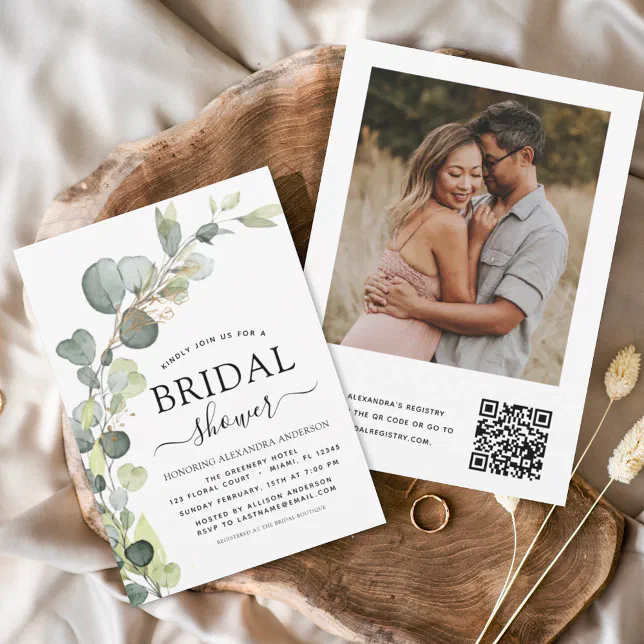 Bridal Shower QR Code Photo Eucalyptus Invitation | Zazzle