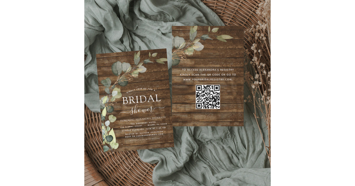 Bridal Shower QR Code Rustic Wood Invitation | Zazzle