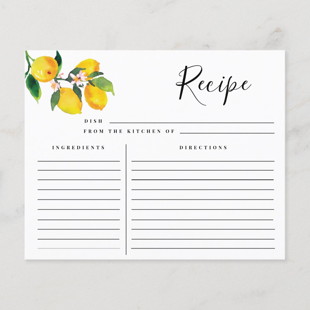 Bridal Shower Recipe Cards, Lemon Recipe Card | Zazzle