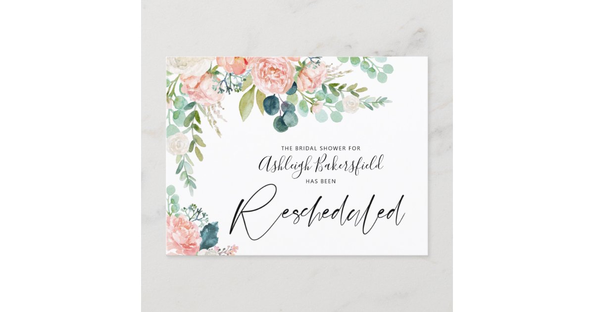 Bridal Shower Rescheduled Pink Floral Date Change Announcement Postcard ...
