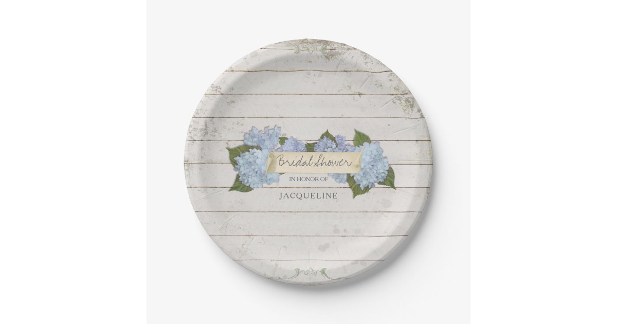 Bridal Shower Shiplap Wood Vintage Blue Hydrangea Paper Plates | Zazzle