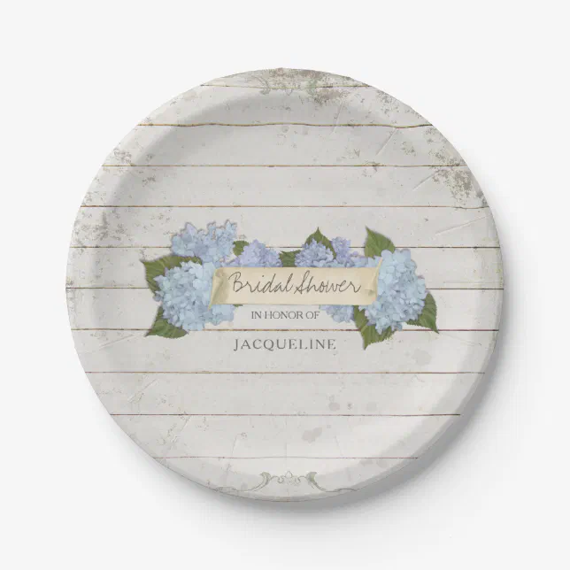 Bridal Shower Shiplap Wood Vintage Blue Hydrangea Paper Plates | Zazzle