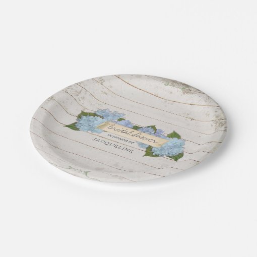 Bridal Shower Shiplap Wood Vintage Blue Hydrangea Paper Plates | Zazzle