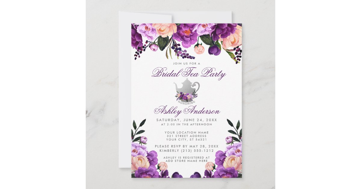 Bridal Shower Tea Party Purple Ultra Violet Invite | Zazzle