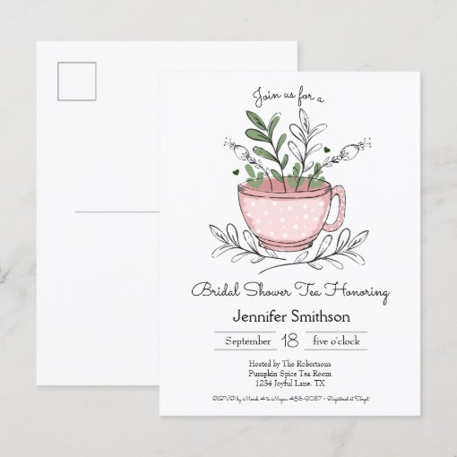 Bridal Shower Tea Whimsical Hand Drawn Tea Cup Invitation Postcard | Zazzle