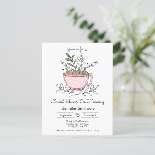 Bridal Shower Tea Whimsical Hand Drawn Tea Cup Invitation Postcard | Zazzle