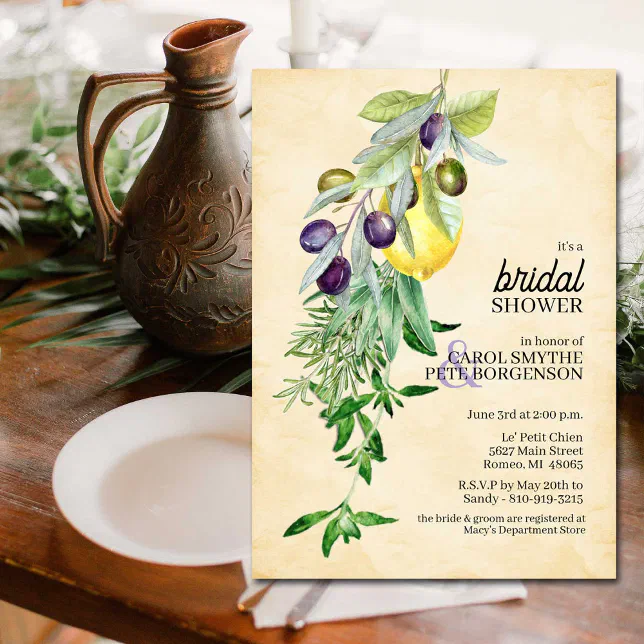Bridal Shower Tuscan Botanical Lemons Herbs Invitation | Zazzle
