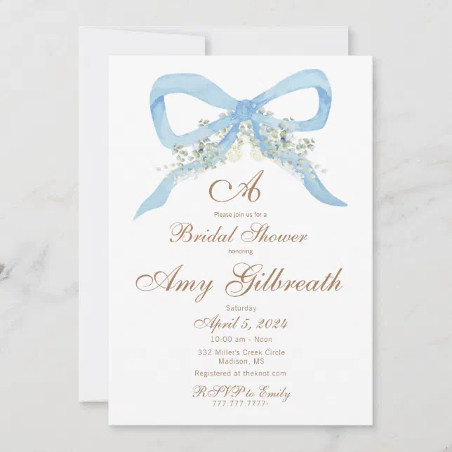 Bridal Shower Watercolor Blue Ribbon Invitation | Zazzle