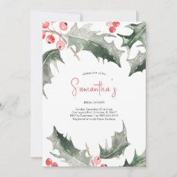 Bridal Shower Watercolor Holly Christmas Invitation | Zazzle