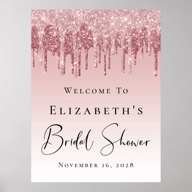 Bridal Shower Welcome Pink Rose Gold Glitter Poster | Zazzle