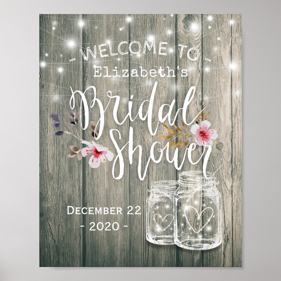 Bridal Shower Welcome Rustic Wood Mason Jar Lights Poster | Zazzle