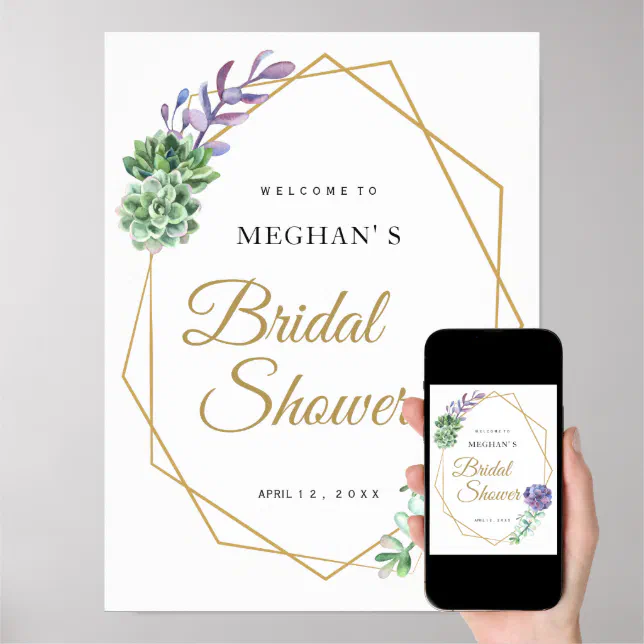 Bridal Shower welcome sign purple succulents gold | Zazzle