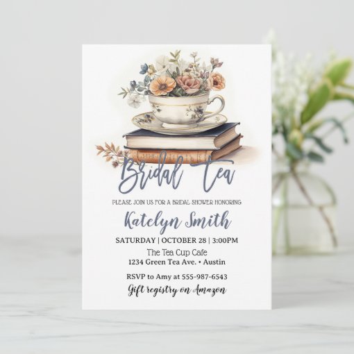 Bridal Tea Shower Dusty Blue Tea Cup Floral Book Invitation | Zazzle