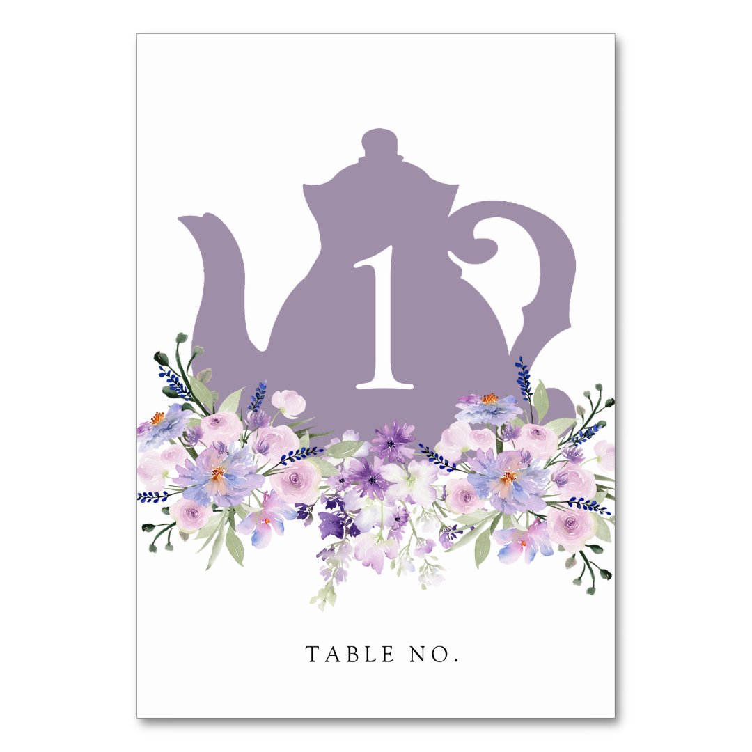 Bridal Tea Shower Purple Teapot Table Number | Zazzle