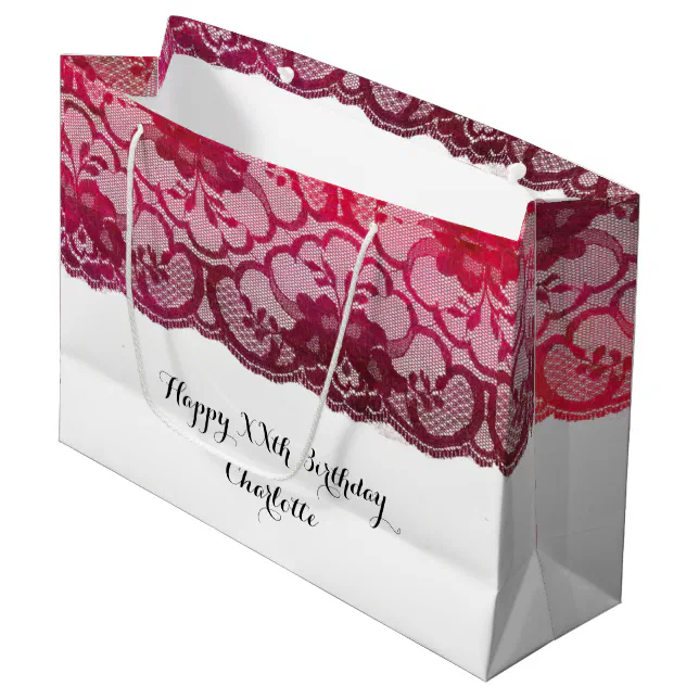 Bridal Wedding Birthday Burgundy Ruby Pink Lace Large Gift Bag | Zazzle