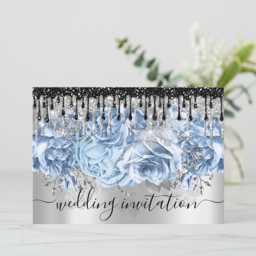 Bridal Wedding Glitter Drips Blue Silver Gray Invi Invitation | Zazzle