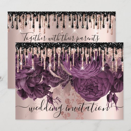 Bridal Wedding Rose Glitter Drips Purple Roses Invitation | Zazzle