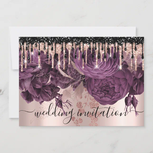 Bridal Wedding Rose Glitter Drips Purple Roses Invitation | Zazzle