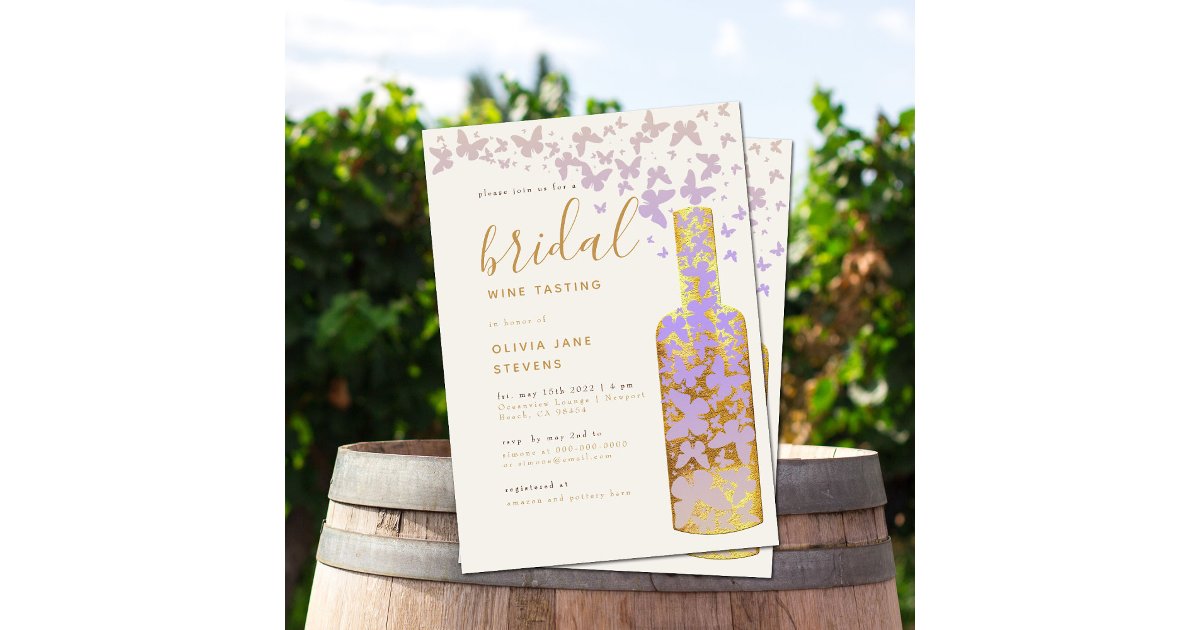 Bridal Wine Tasting Gold Lilac Butterflies Boho Invitation | Zazzle