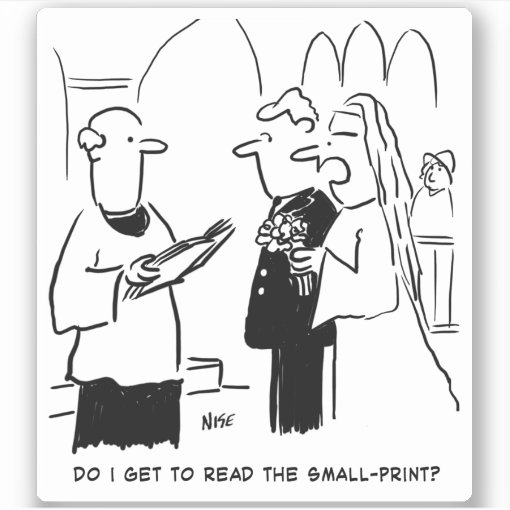 Bride and Small Print Wedding Vows Cartoon. Sticker | Zazzle