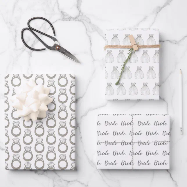 Bride Bridal Shower Diamond Ring Wedding Dress Wrapping Paper Sheets ...