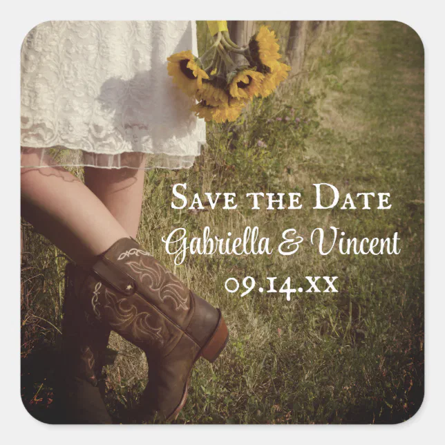 Bride, Cowboy Boots and Sunflowers Save the Date Square Sticker | Zazzle