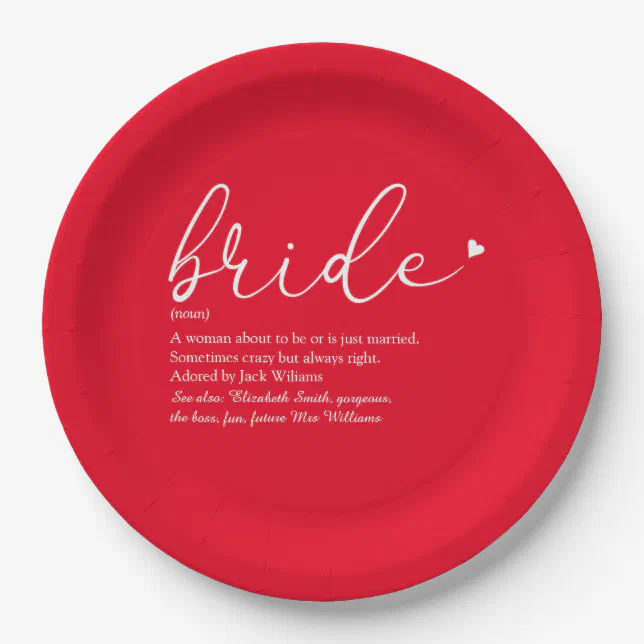 Bride Definition Bridal Shower Chic Script Red Paper Plates | Zazzle