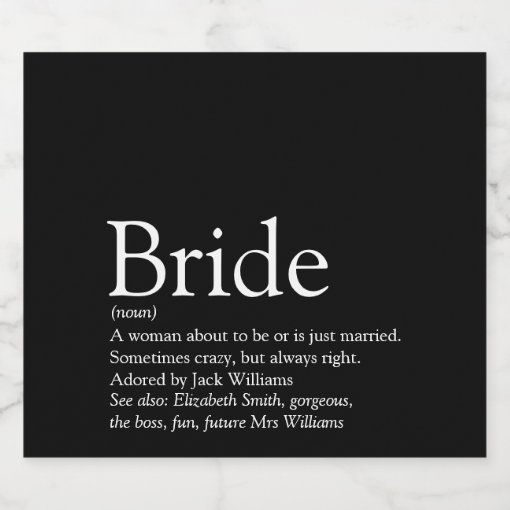 Bride Definition, Bridal Shower, Wedding Sparkling Wine Label | Zazzle