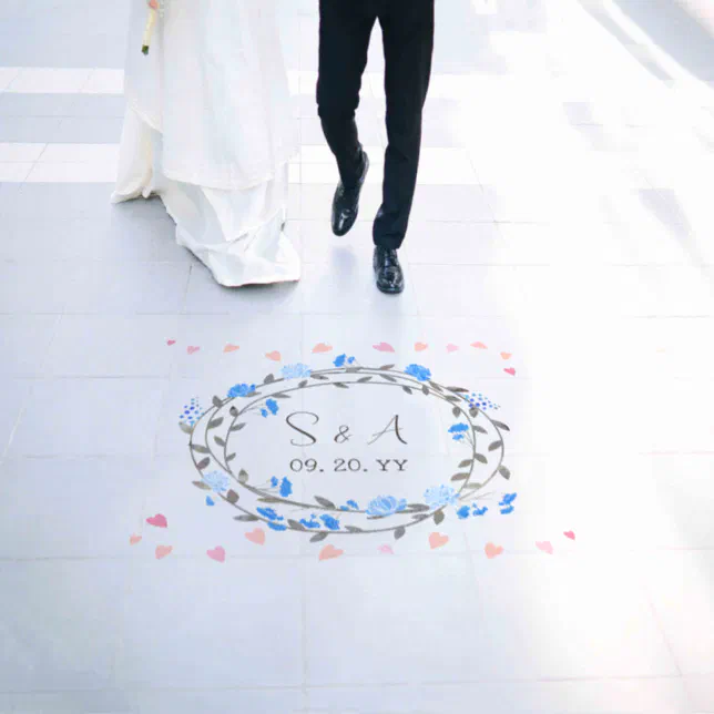Bride Groom Any Color Hearts Blue & Gray Wreath Floor Decals | Zazzle