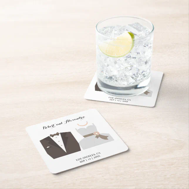 Bride & Groom Bridal Shower Wedding Reception Square Paper Coaster | Zazzle