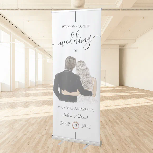 Bride & Groom Hand Drawn Illustration Wedding Retractable Banner | Zazzle