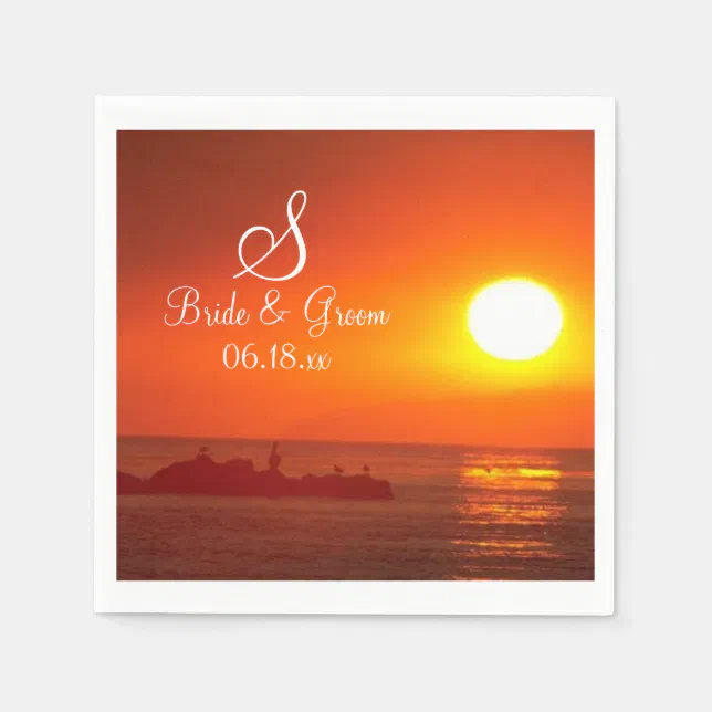 Bride Groom Monogram Date Beach Wedding Sunset Nap Napkins | Zazzle