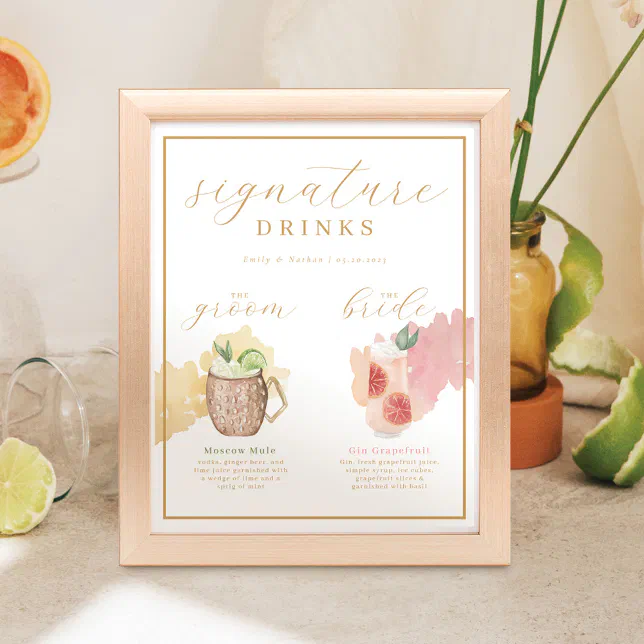 Bride & Groom Signature Drinks Watercolor Cocktail Poster | Zazzle
