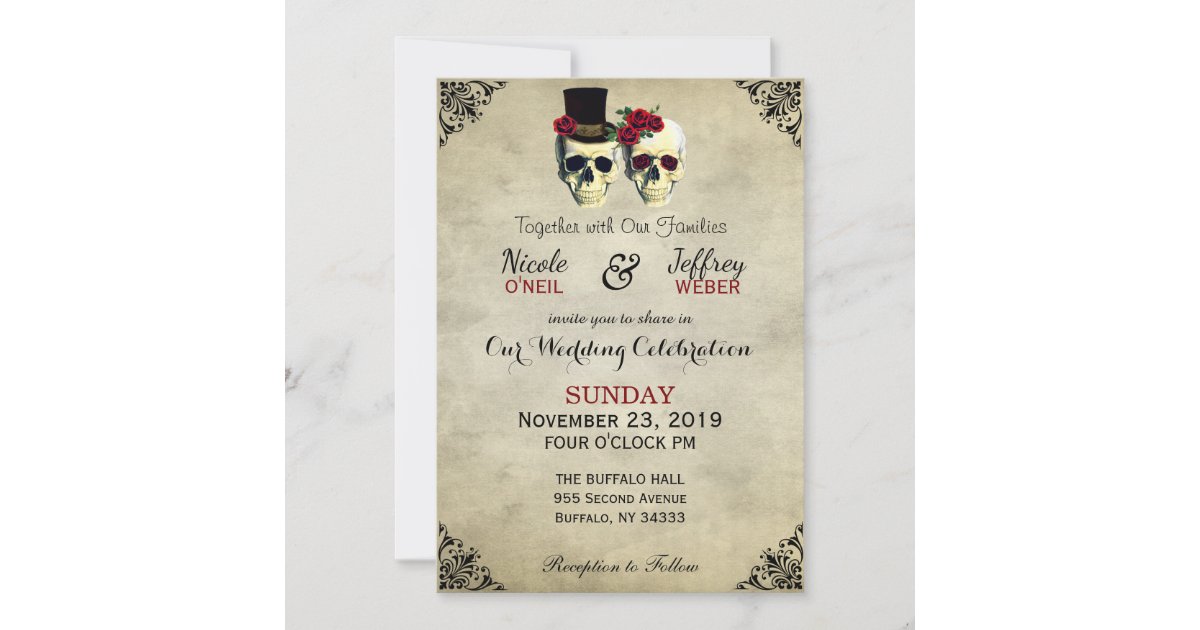 Bride & Groom Skull Goth Rustic Wedding Red Invitation | Zazzle