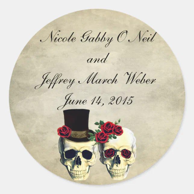 Bride & Groom Skull Wedding Classic Round Sticker | Zazzle