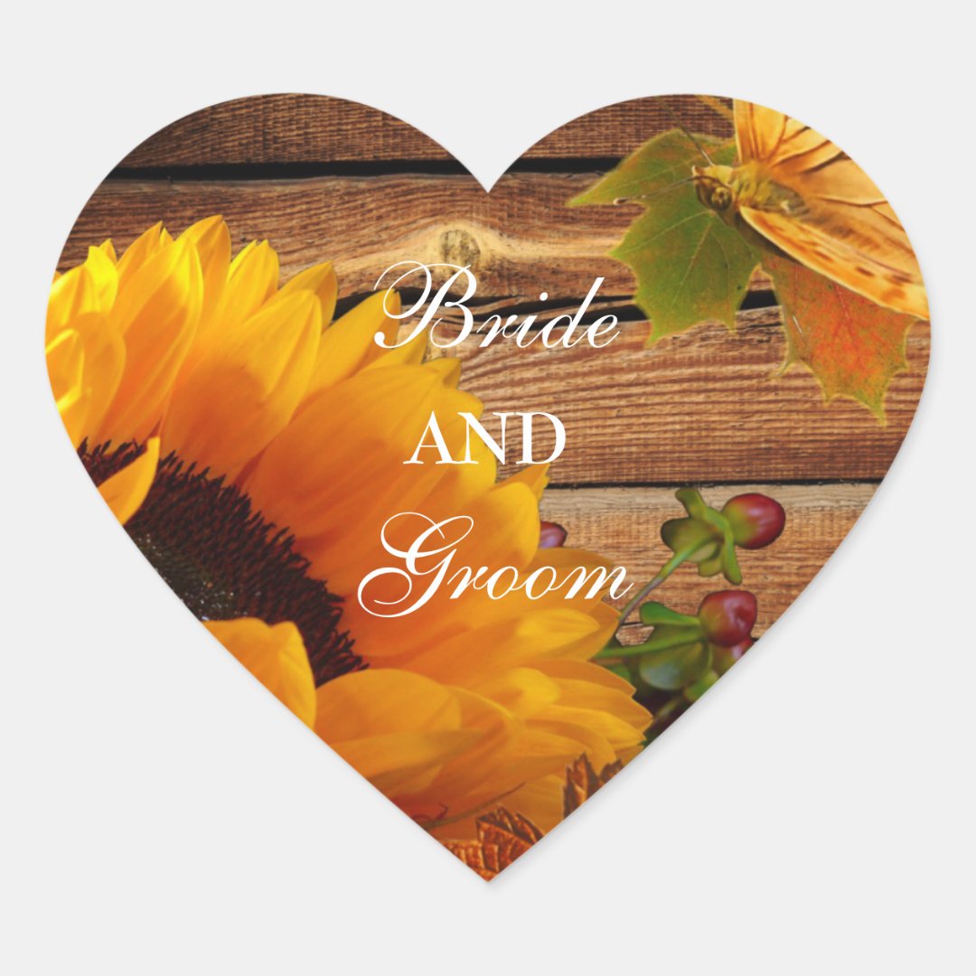 Bride & Groom Stickers, Rustic Country Sunflower Heart Sticker | Zazzle
