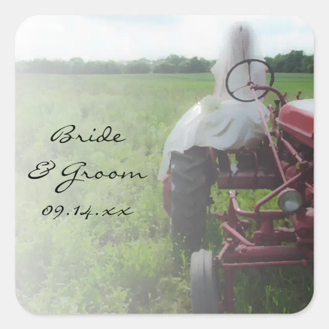 Bride on Farm Tractor Country Wedding Square Sticker | Zazzle