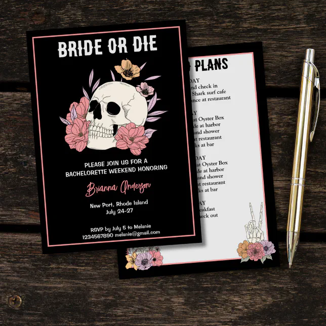 Bride or die black skull bachelorette weekend invitation | Zazzle