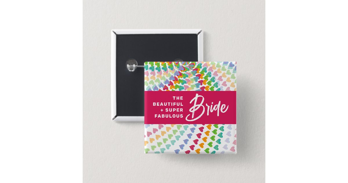 BRIDE Rainbow Hearts Sprinkles Wedding Name Tag Pinback Button | Zazzle