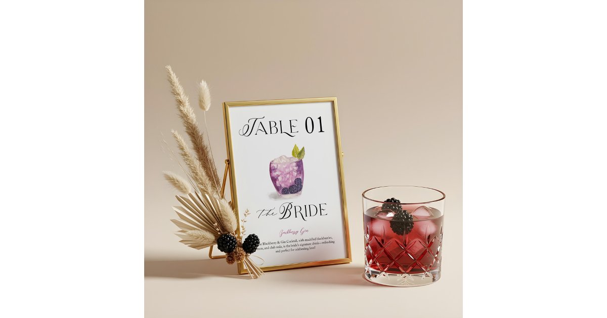 Bride Signature Cocktail Watercolor Wedding Drink Table Number | Zazzle