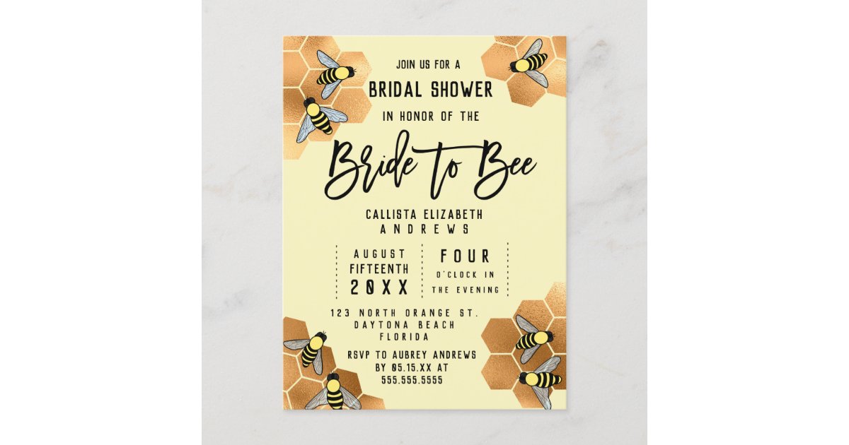 Bride to Bee Quote Gold Honeycomb Bridal Shower Invitation Postcard ...