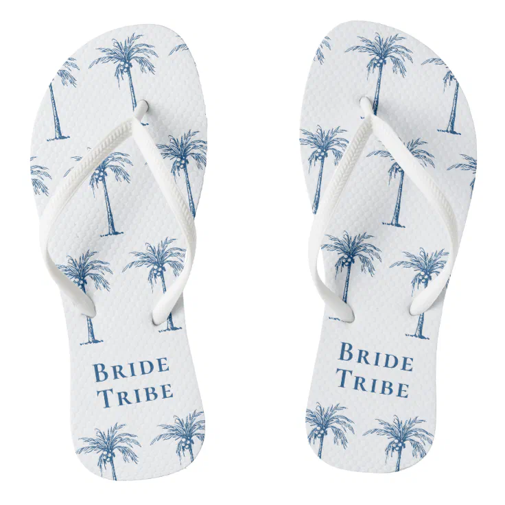 Bride Tribe Blue Tropical Palm Tree Flip Flops | Zazzle