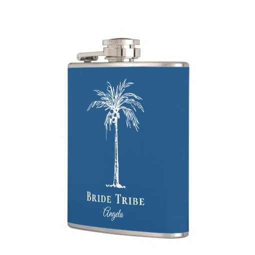 Bride Tribe Blue White Palm Tree Custom Flask | Zazzle