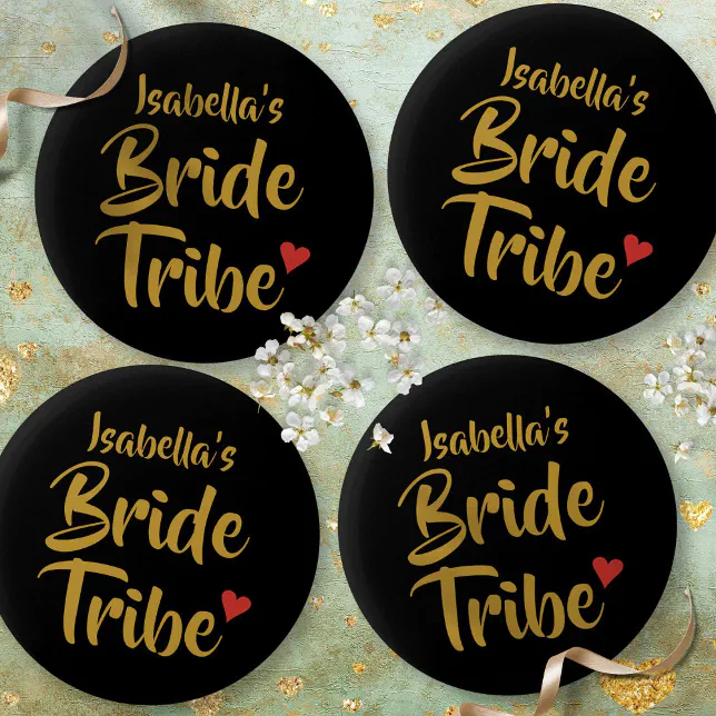 Bride Tribe Gold Script Red Heart Button | Zazzle