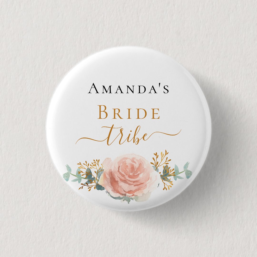 Bride tribe rose gold floral eucalyptus greenery button | Zazzle