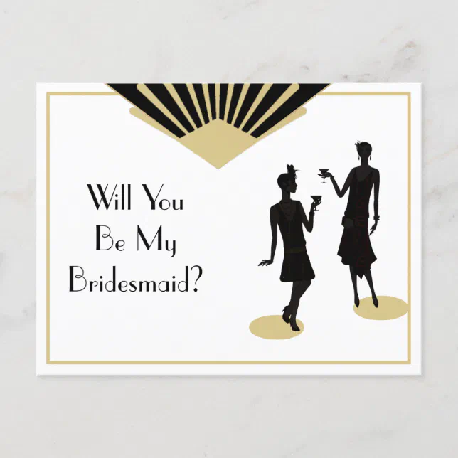 Bridesmaid Art Deco Black Gold Invitation Postcard Zazzle