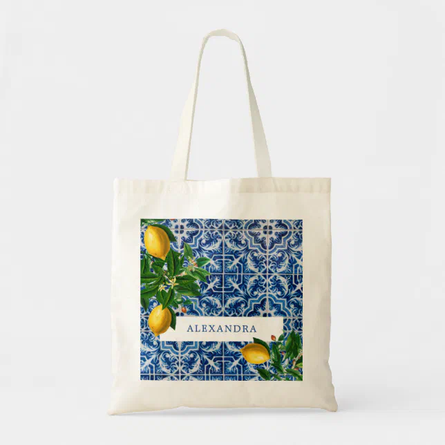 Bridesmaid Blue Tiles Lemons Personal Tote Bag | Zazzle
